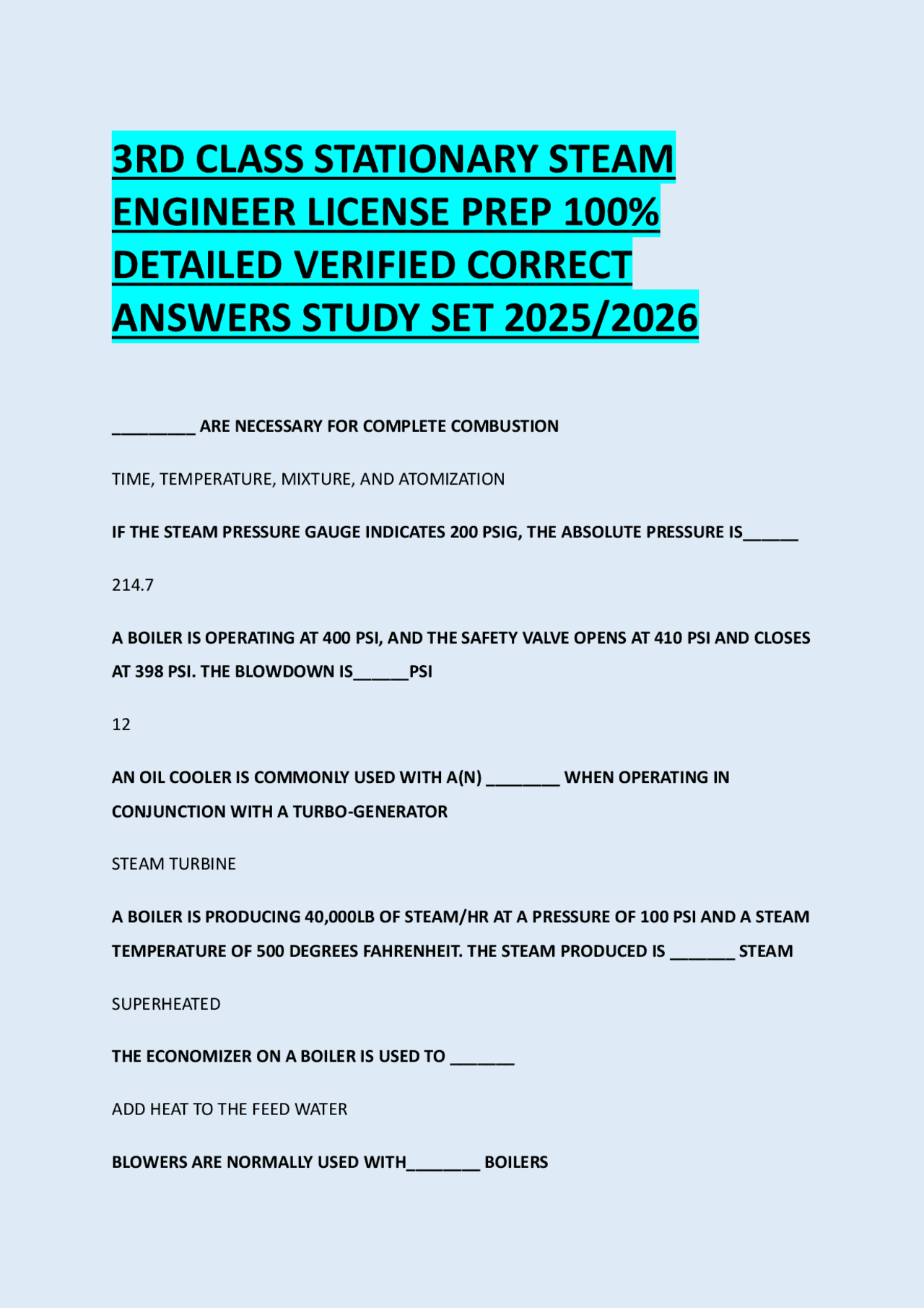 3RD CLASS STATIONARY STEAM ENGINEER LICENSE PREP 100% DETAILED VERIFIED ...