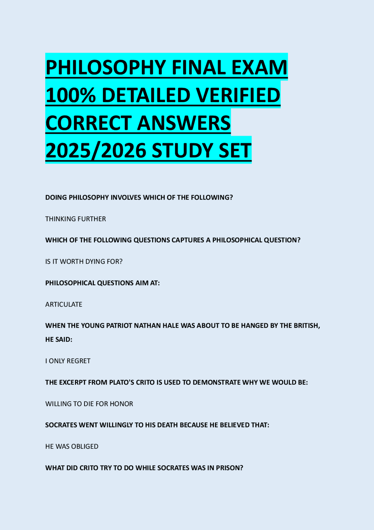 PHILOSOPHY FINAL EXAM 100% DETAILED VERIFIED CORRECT ANSWERS 2025/2026 ...