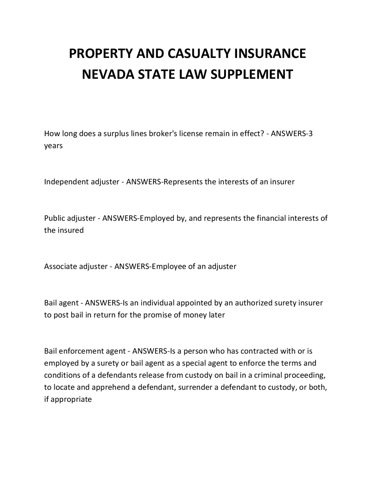 PROPERTY AND CASUALTY INSURANCE NEVADA STATE LAW SUPPLEMENT QUESTIONS ...