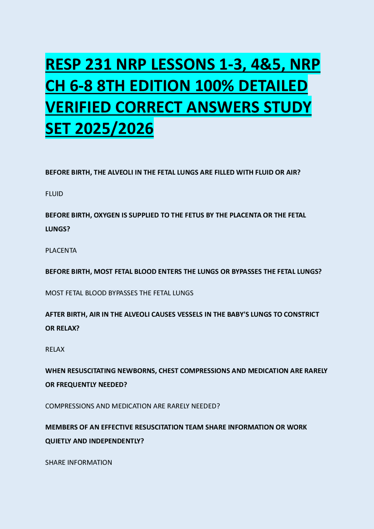 RESP 231 NRP LESSONS 1-3, 4&5, NRP CH 6-8 8TH EDITION 100% DETAILED ...
