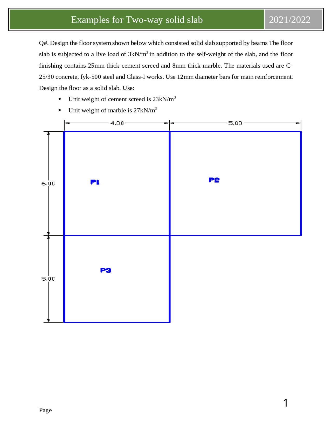 examples on one two way solid slab design | Exercices Génie civil | Docsity