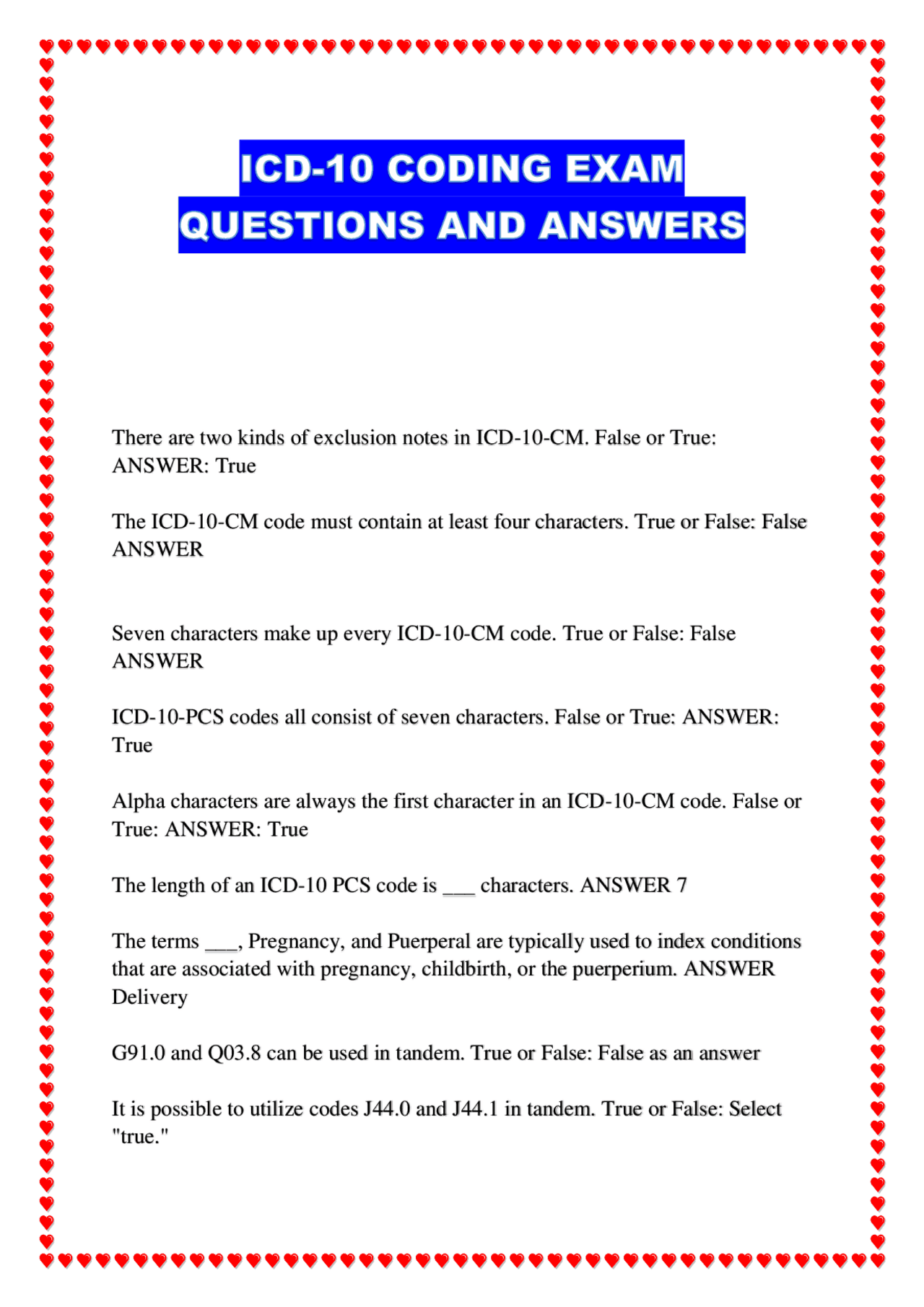 ICD-10-CM and ICD-10-PCS Coding Exercises and Questions | Exams Nursing ...