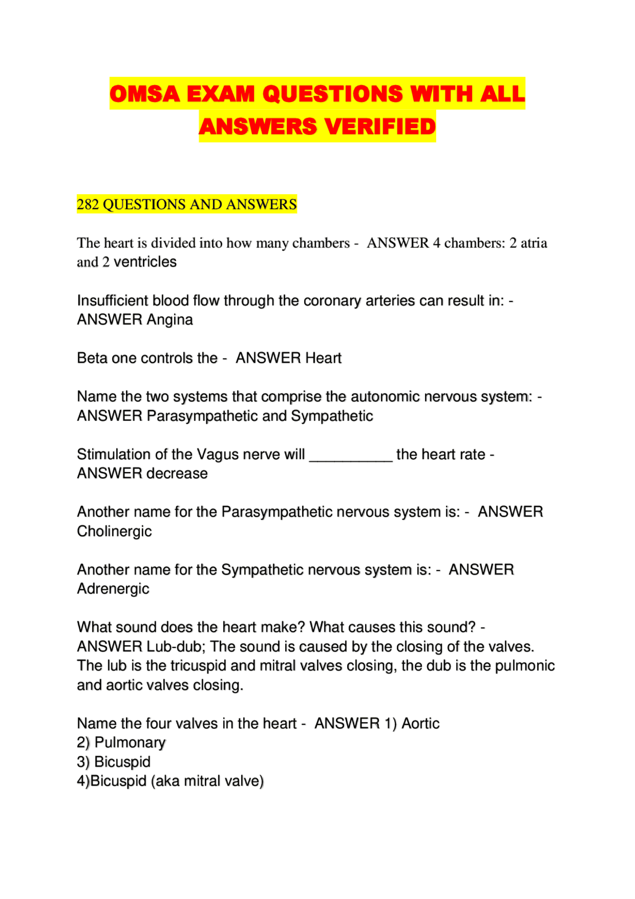 OMSA Exam Questions and Answers: Cardiovascular and Respiratory Systems ...