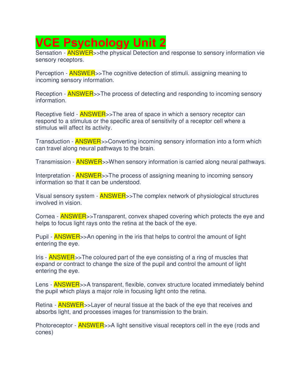 VCE Psychology Unit 2 QUESTION AND ANSWERS 2025 EXAM | Exams Psychology ...