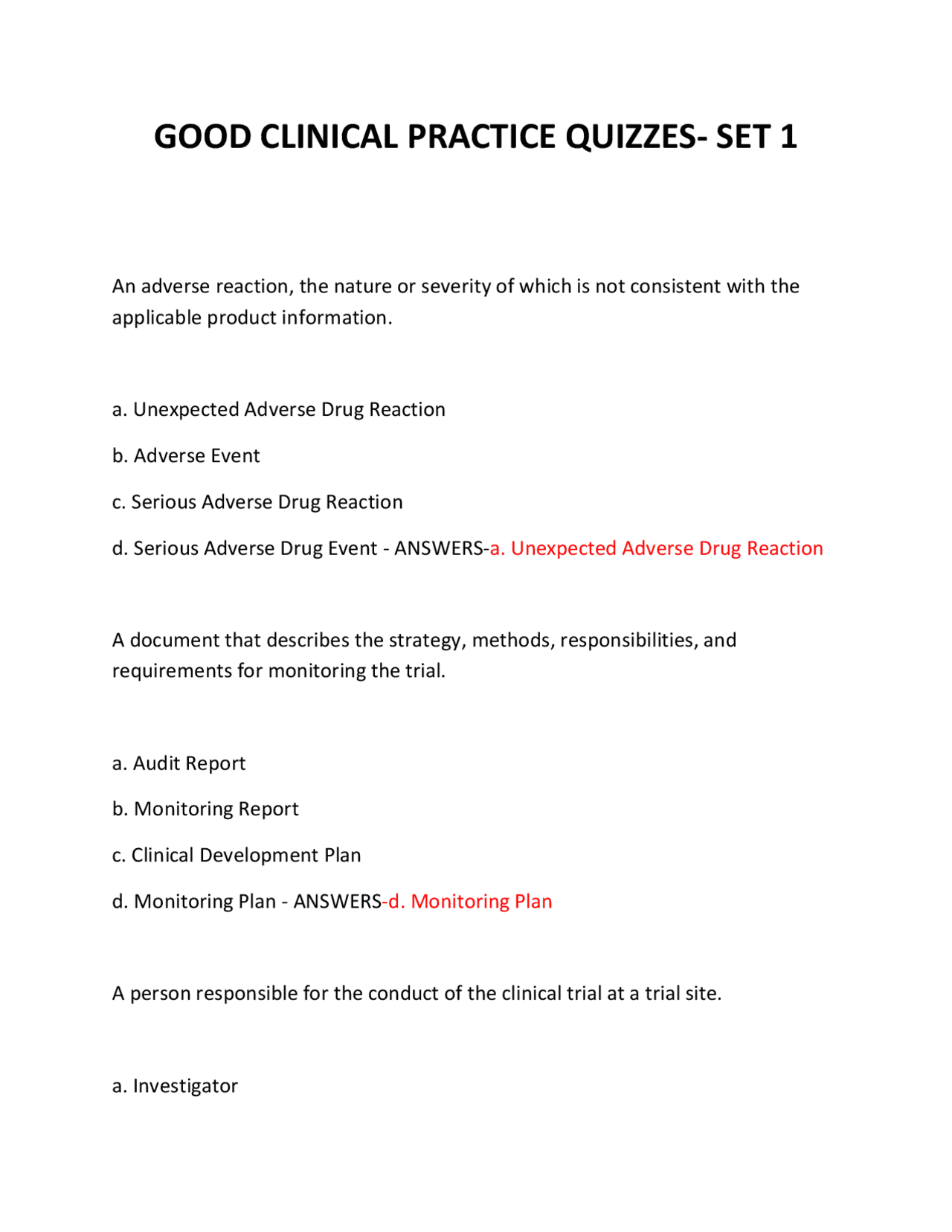 Good Clinical Practice Quizzes - Set 1 | Exams Public Health | Docsity