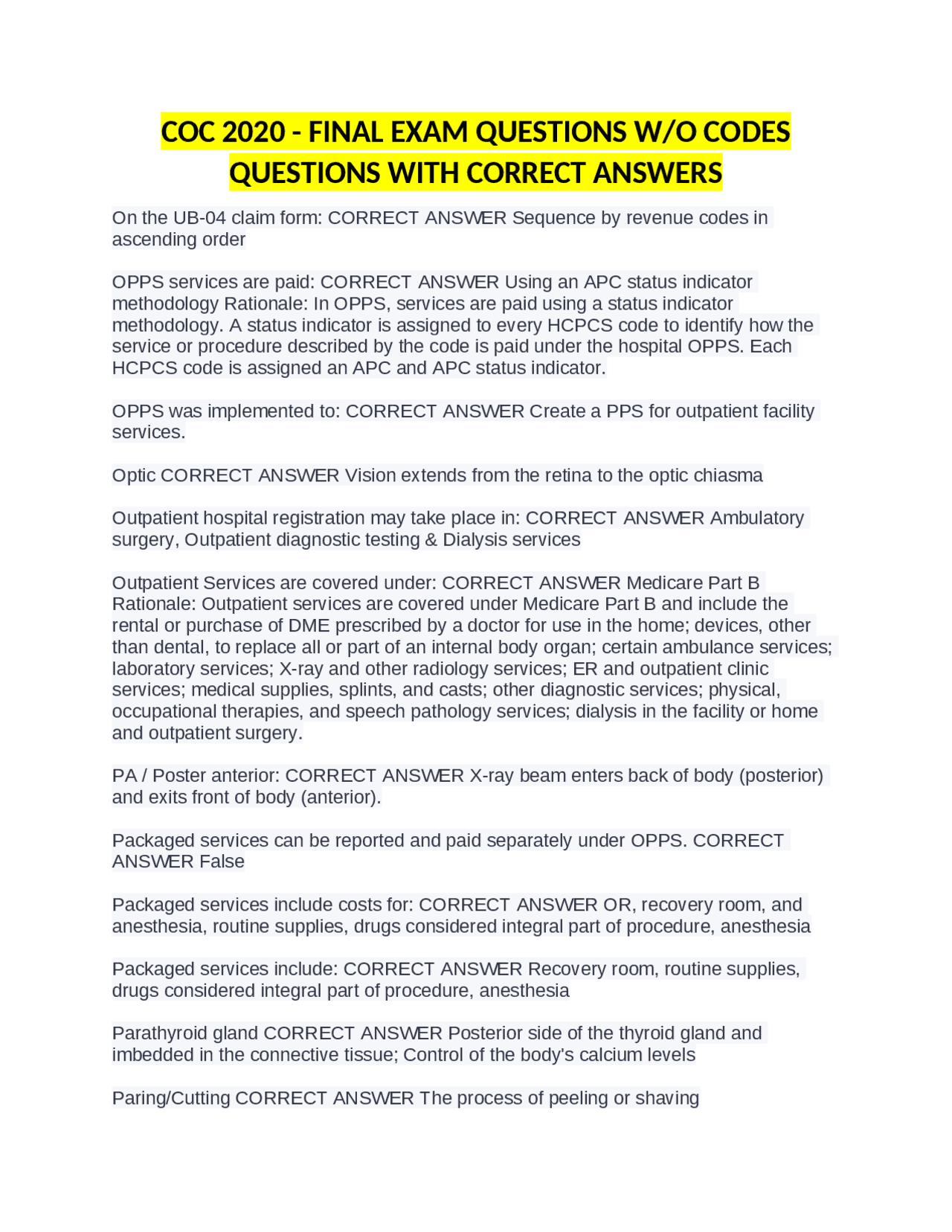 COC 2020 - FINAL EXAM QUESTIONS W/O CODES QUESTIONS WITH CORRECT ANSWERS | Exams Nursing | Docsity
