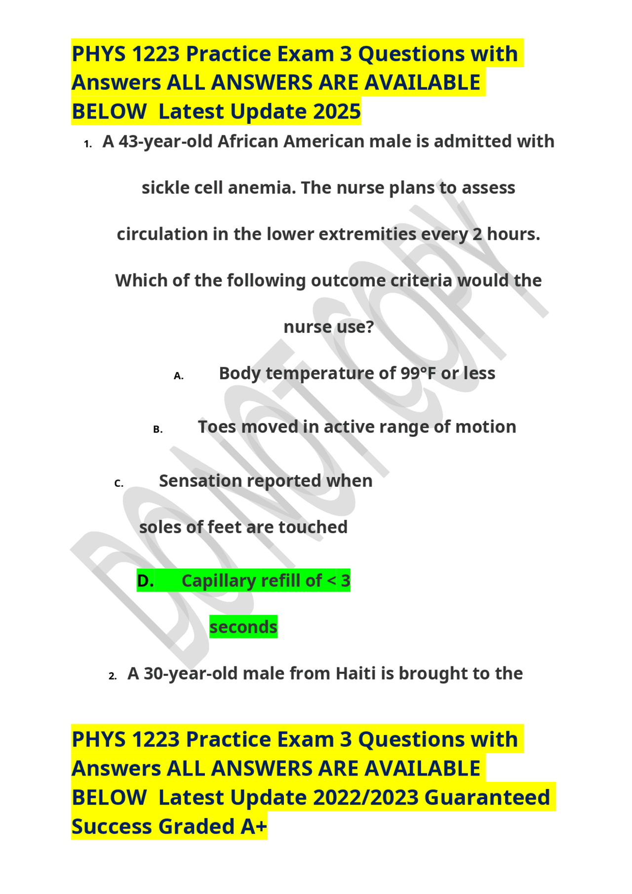 PHYS 1223 Practice Exam 3 Questions with Answers ALL ANSWERS ARE ...