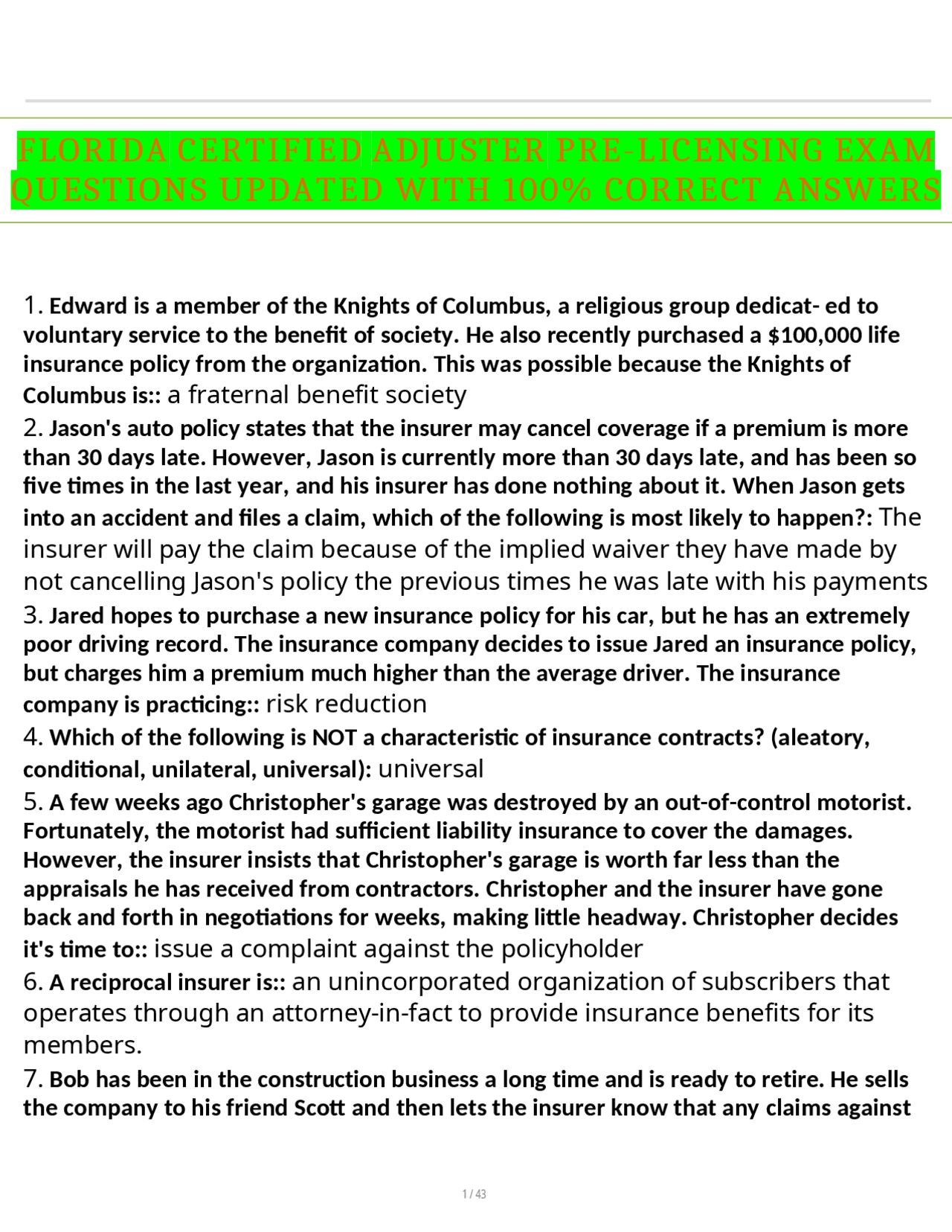 FLORIDA CERTIFIED ADJUSTER PRE-LICENSING EXAM QUESTIONS UPDATED WITH ...