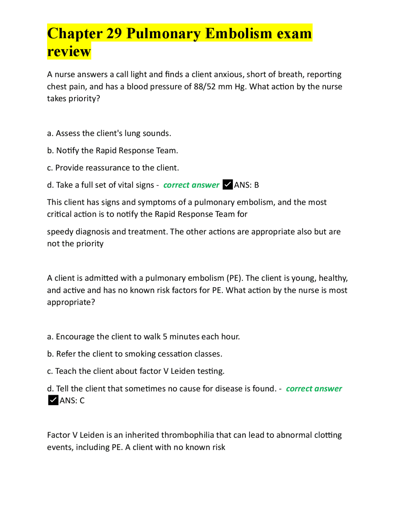 Chapter 29 Pulmonary Embolism Exam Review Exams Nursing Docsity