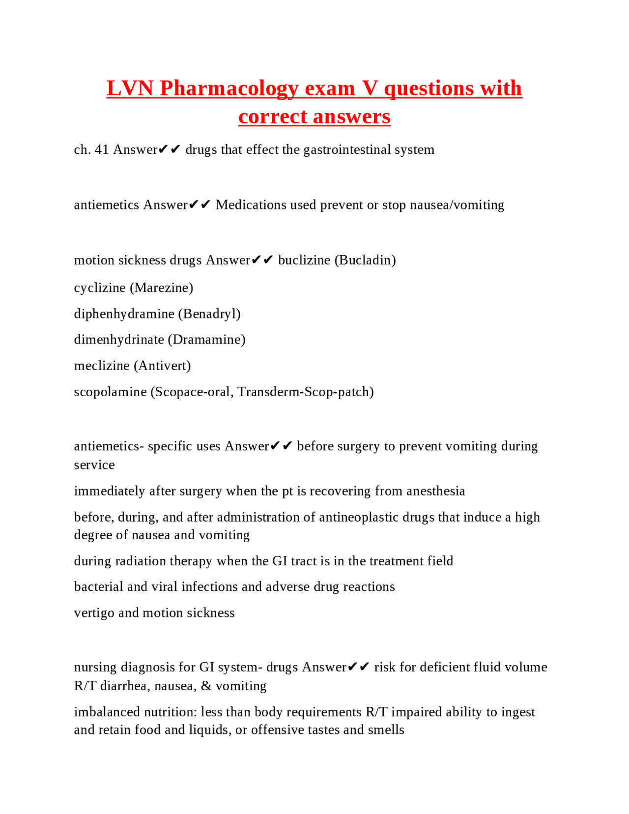 LVN Pharmacology exam V questions with correct answers | Exams Nursing ...