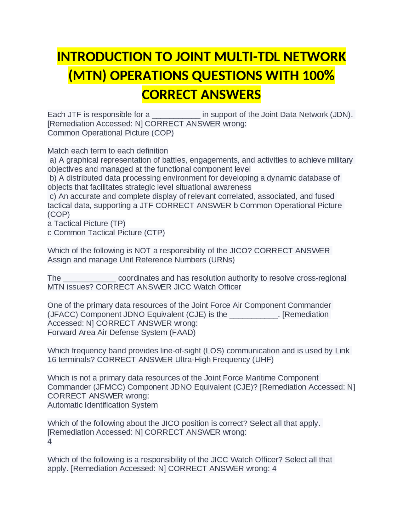 INTRODUCTION TO JOINT MULTI-TDL NETWORK (MTN) OPERATIONS QUESTIONS WITH 100% CORRECT ANSWE ...