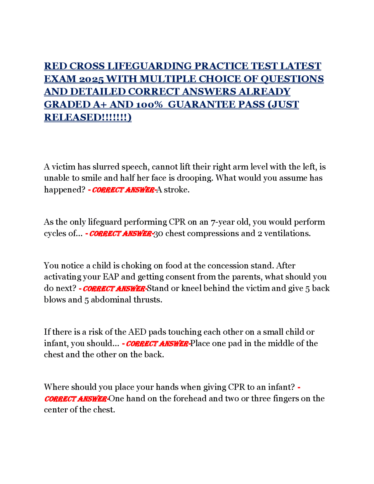 RED CROSS LIFEGUARDING PRACTICE TEST LATEST EXAM 2025 WITH QUESTIONS ...