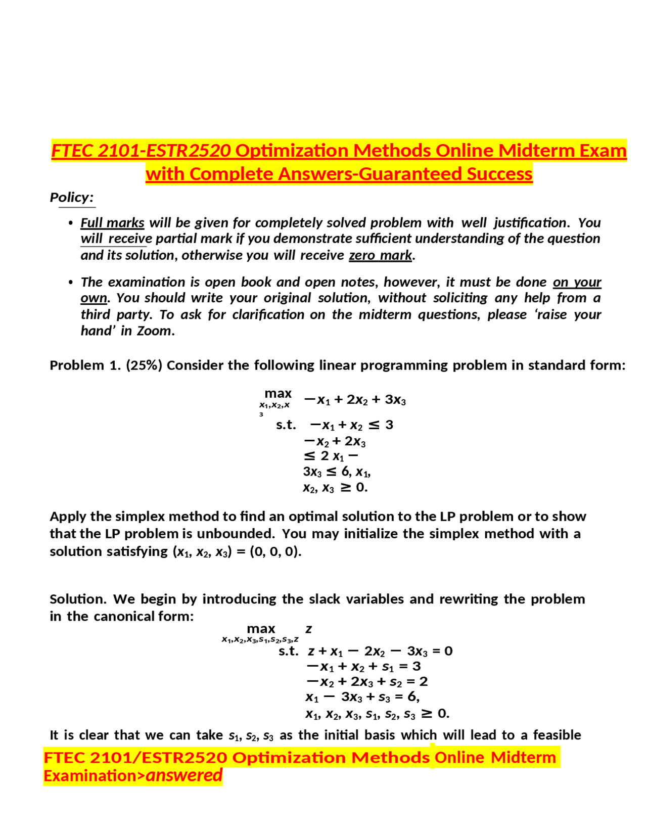 FTEC 2101-ESTR2520 Optimization Methods Online Midterm Exam with Complete Answers-Guarante ...
