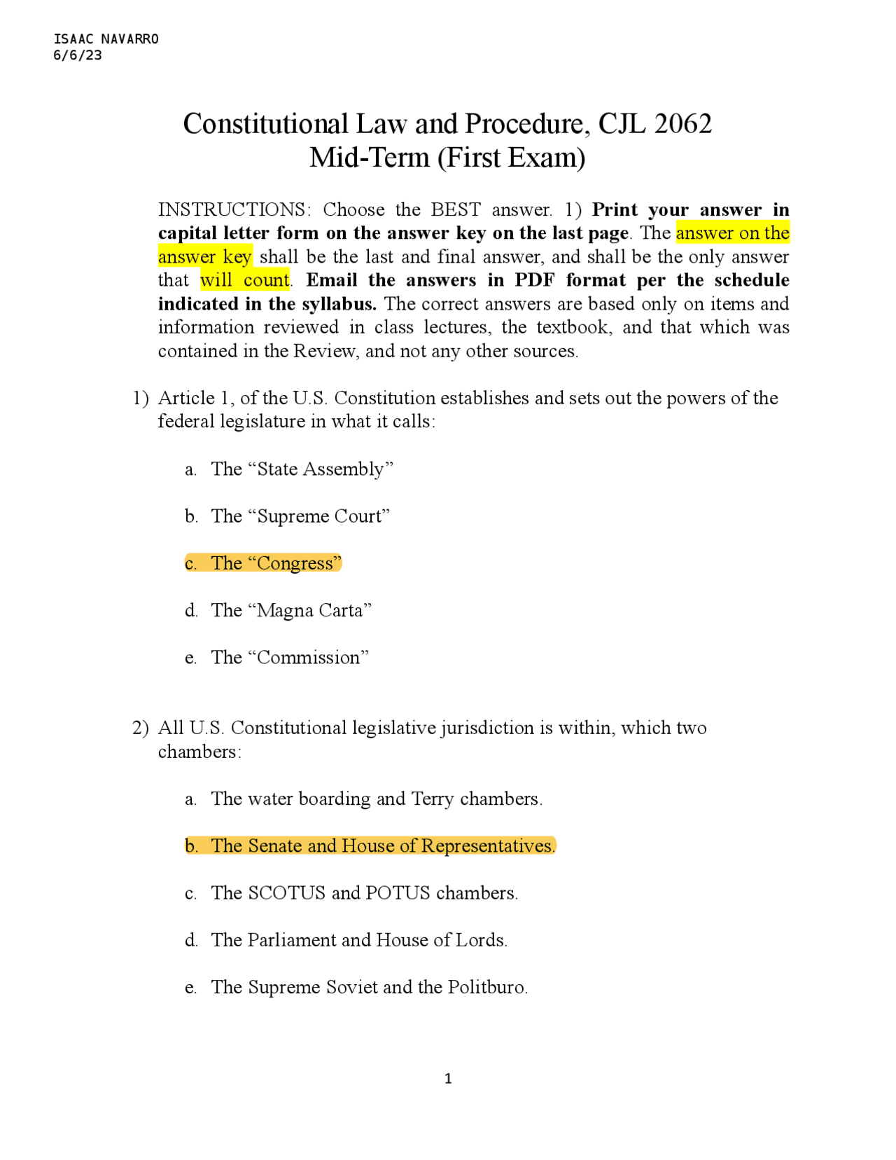 Constitutional Law and Procedure, CJL 2062Mid-Term (First Exam) | Exams Constitutional Law | Docsity