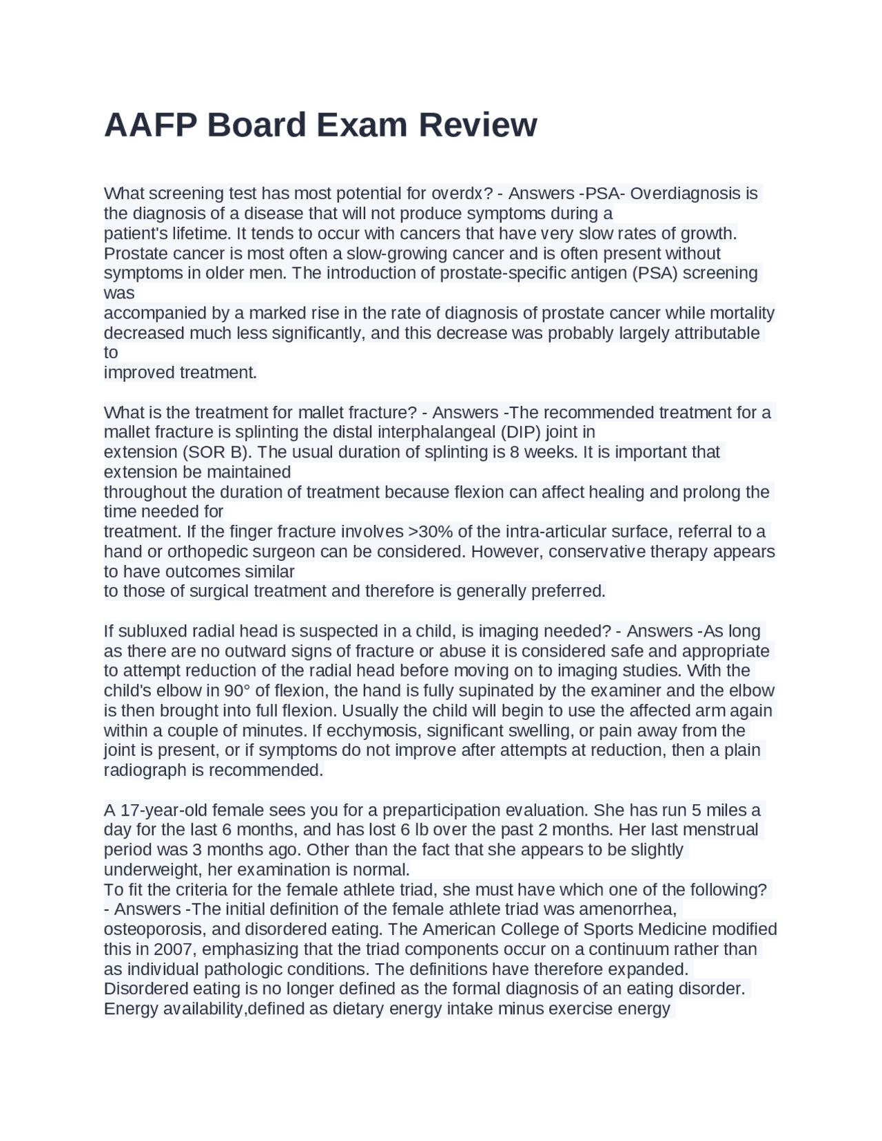 AAFP Board Exam Review Questions and Answers | Exams Nursing | Docsity