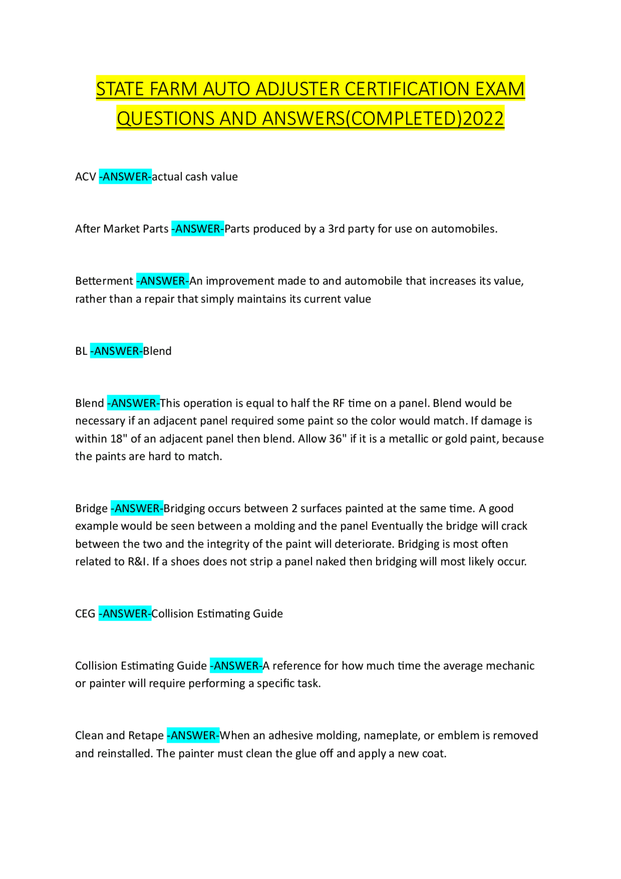 STATE FARM AUTO ADJUSTER CERTIFICATION EXAM QUESTIONS AND ANSWERS ...