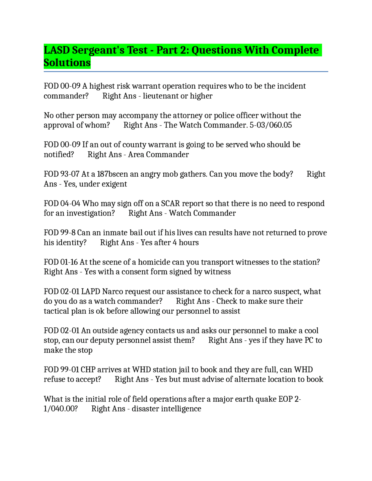 LASD Sergeant's Test - Part 2: Questions With Complete Solutions ...