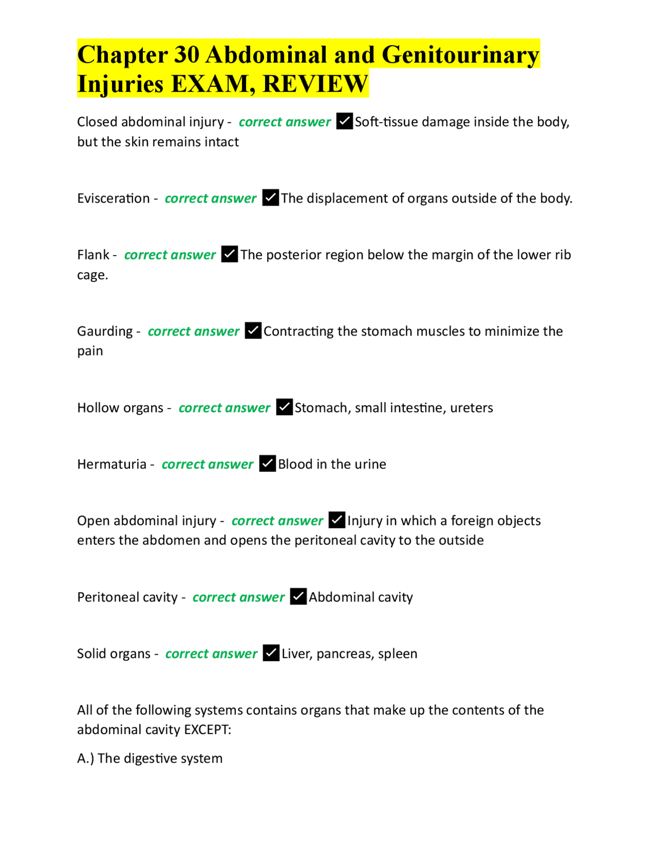 Chapter 30 Abdominal and Genitourinary Injuries EXAM, REVIEW. | Exams ...