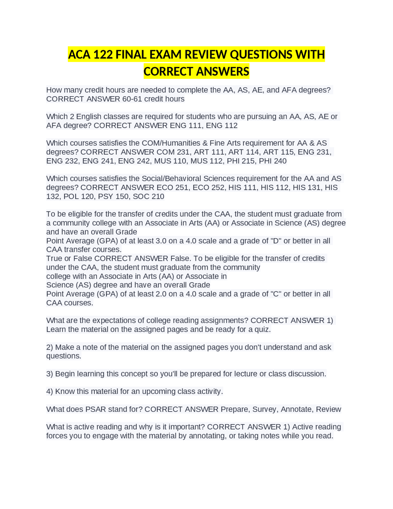 ACA 122 FINAL EXAM REVIEW QUESTIONS WITH CORRECT ANSWERS | Exams ...