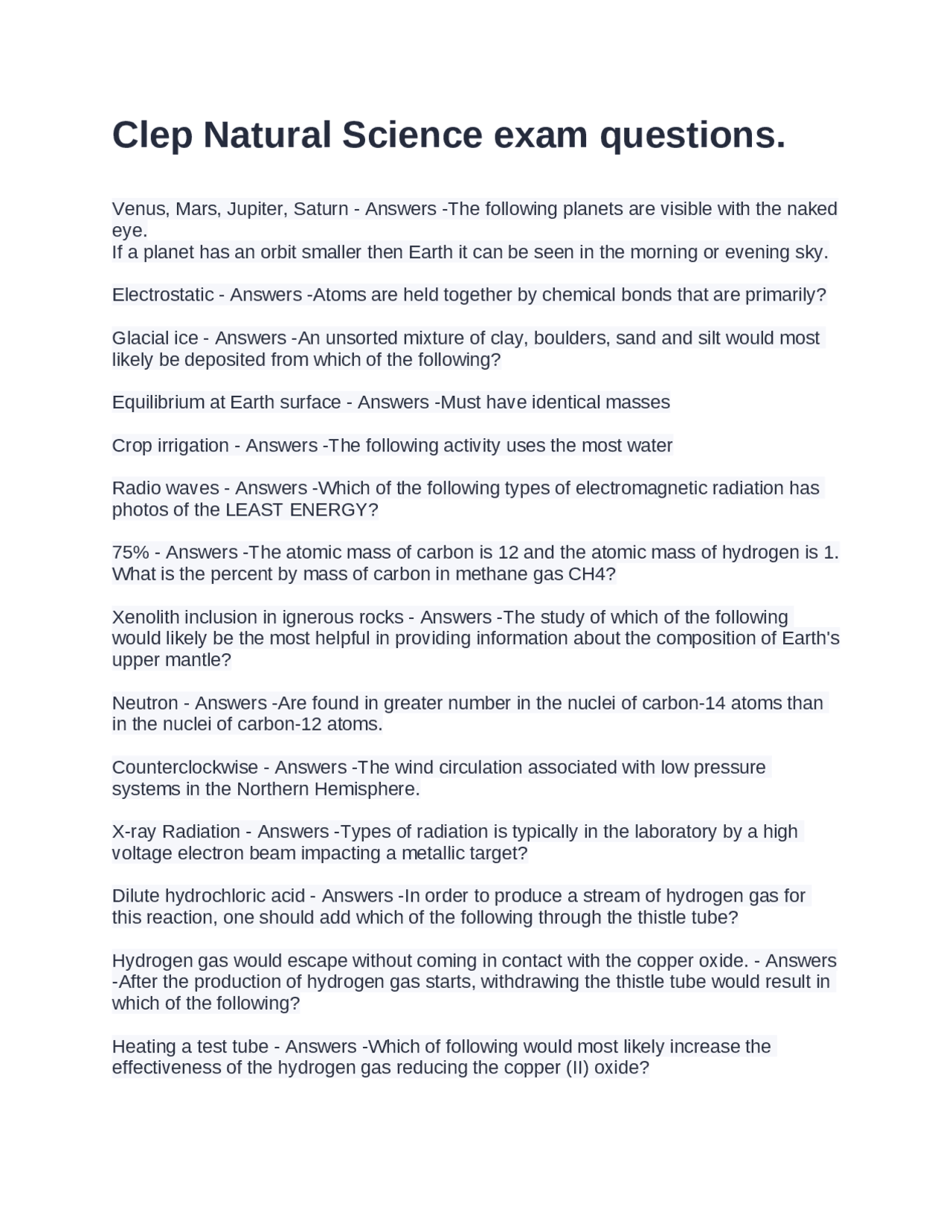 Clep Natural Science Exam Questions With Correct Answers | Exams Health ...