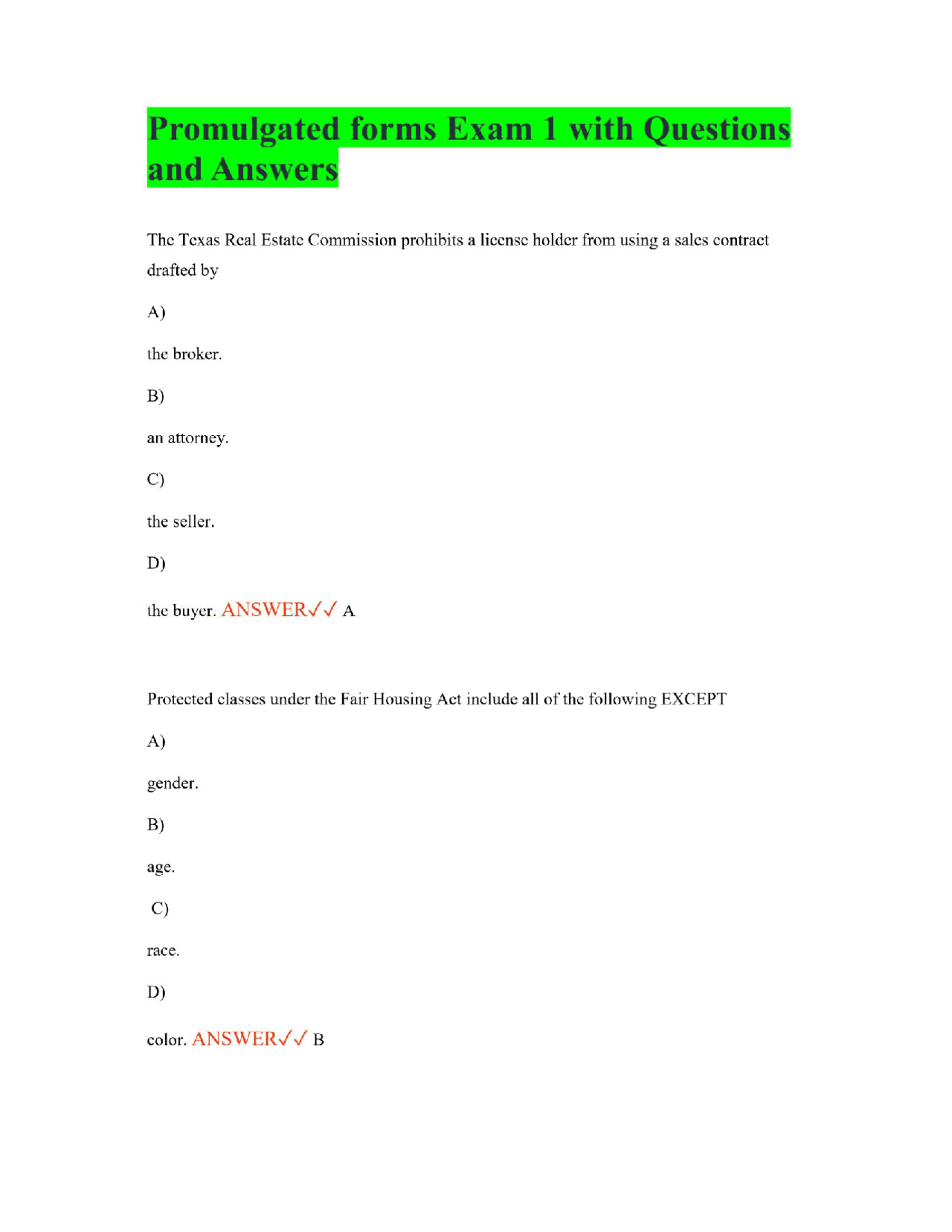 Promulgated forms Exam 1 with Questions and Answers | Exams Law | Docsity