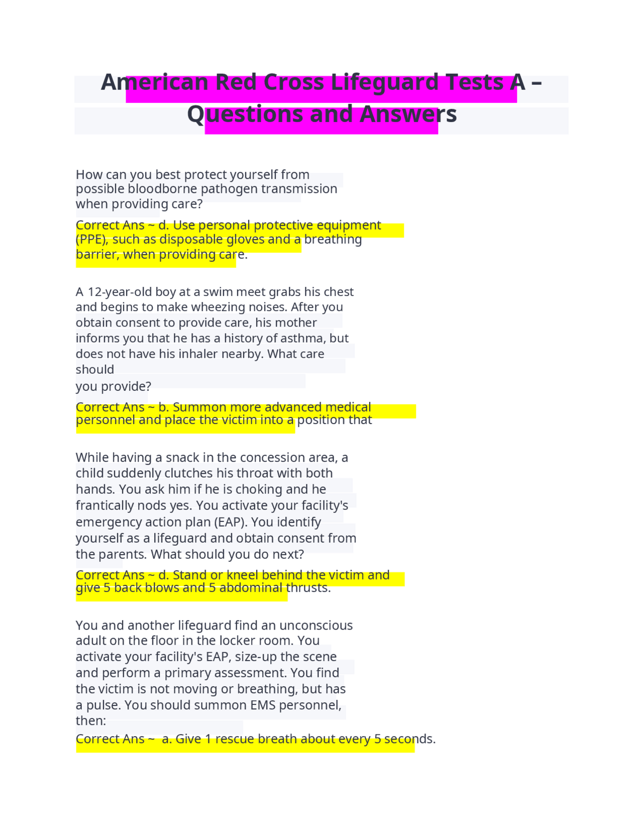 American Red Cross Lifeguard Tests A—Questions and Answers | Exams ...