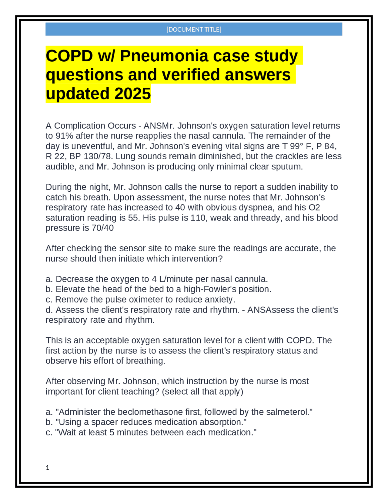 COPD w/ Pneumonia case study questions and verified answers | Exams ...