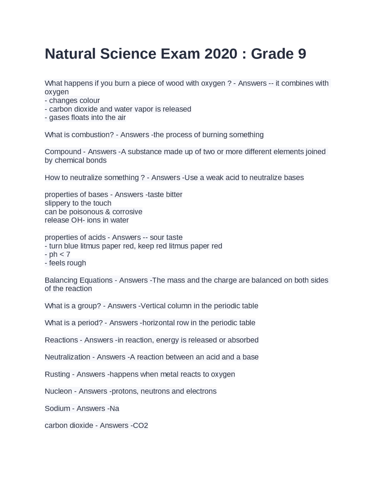 Natural Science Exam Grade 9 Questions with 100% Verified Answers ...