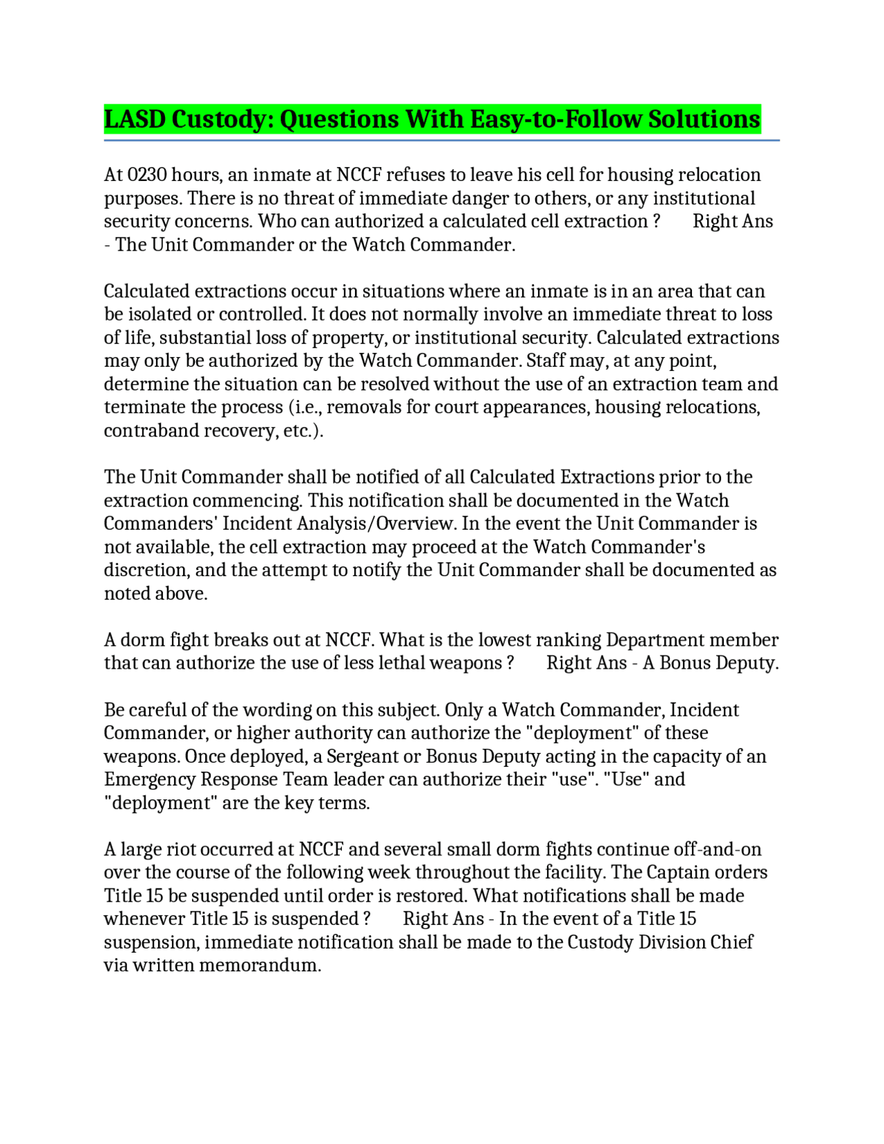 LASD Custody: Questions With Easy-to-Follow Solutions | Exams Law | Docsity