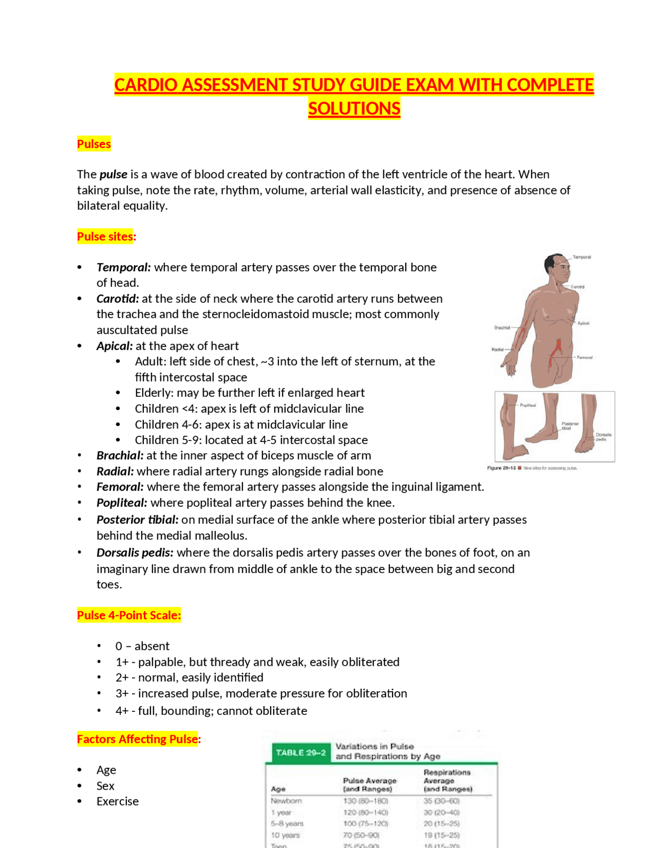 CARDIO ASSESSMENT STUDY GUIDE EXAM WITH COMPLETE SOLUTIONS | Exams ...