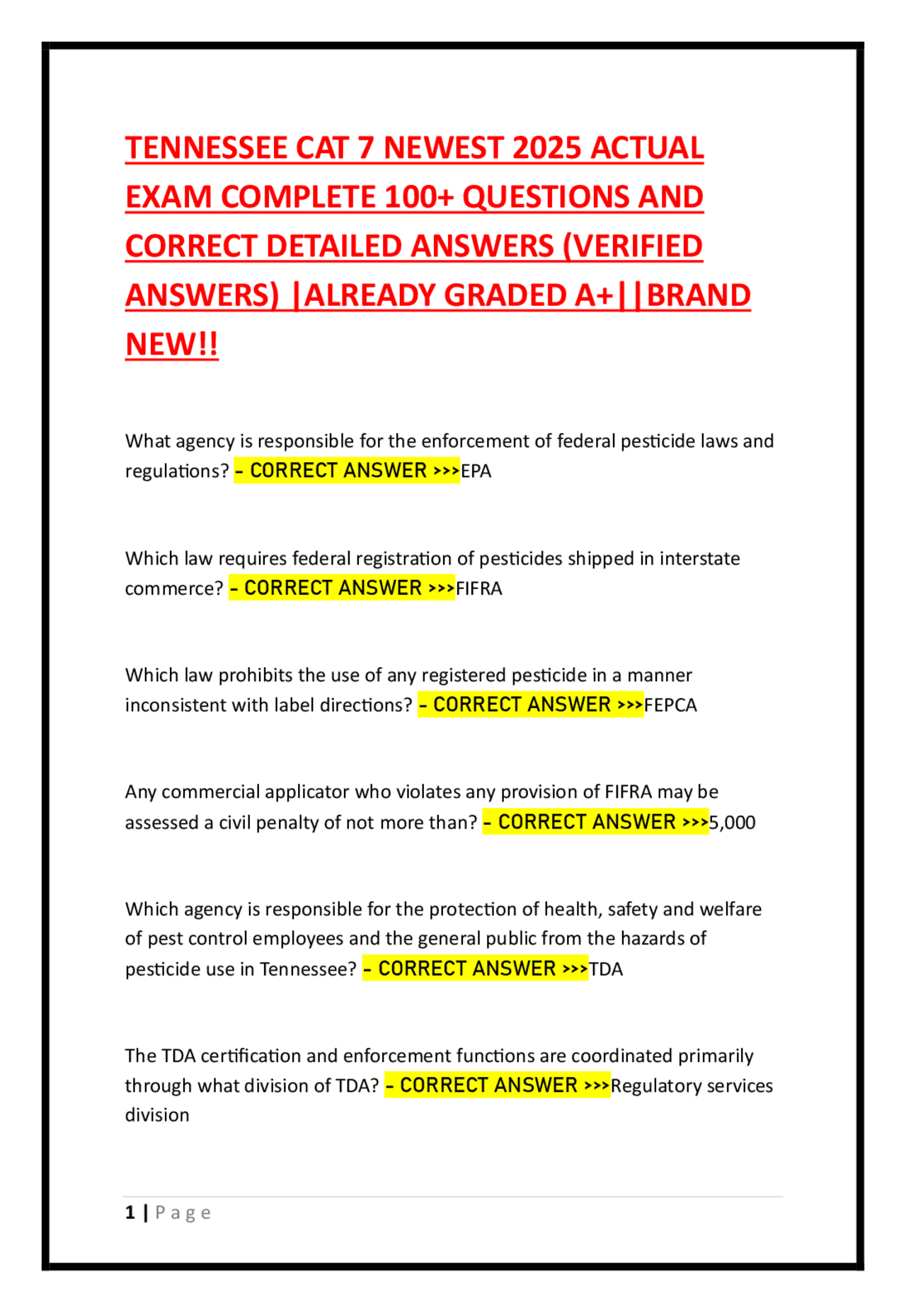TENNESSEE CAT 7 NEWEST 2025 ACTUAL EXAM COMPLETE 100+ QUESTIONS AND ...