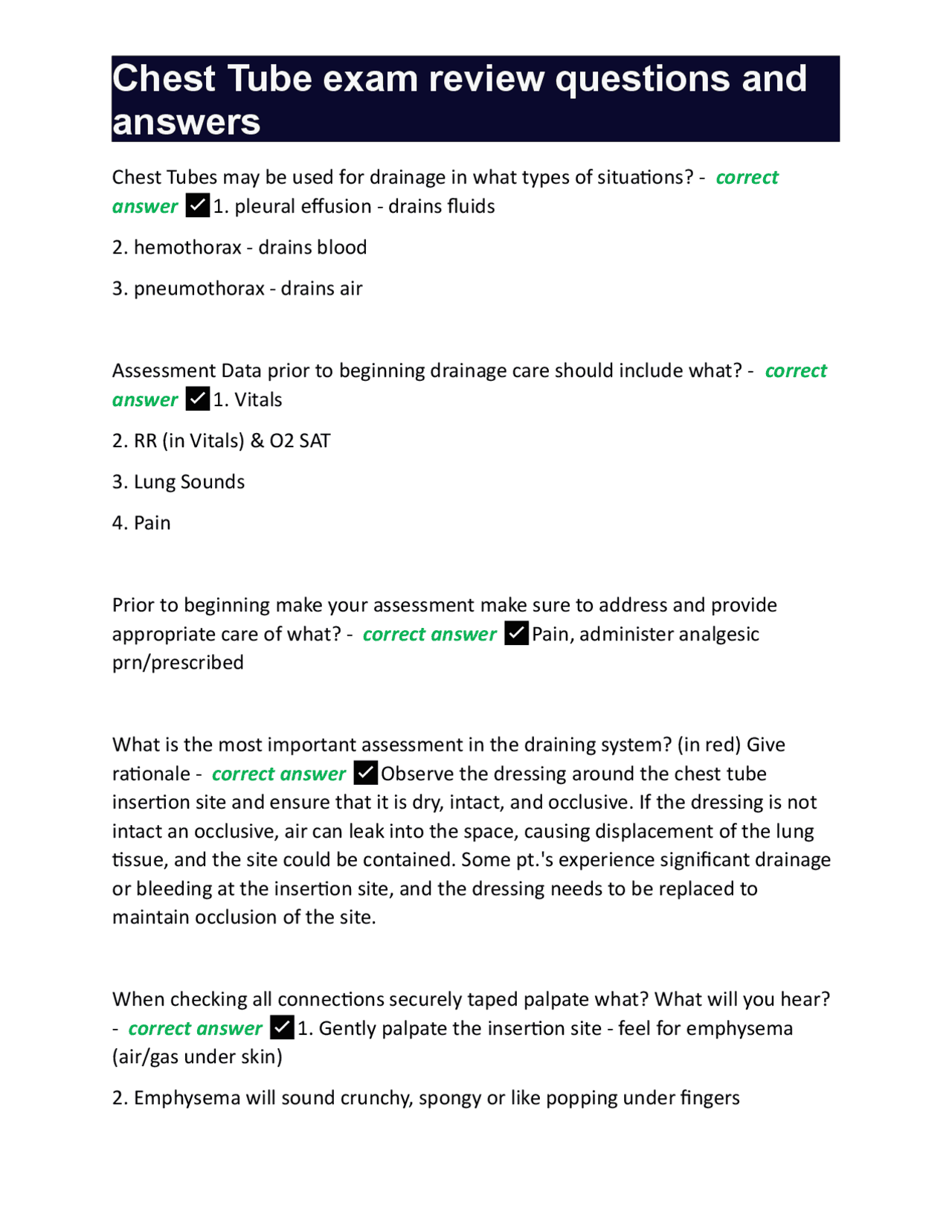 Chest Tube exam review questions and answers. | Quizzes Nursing | Docsity