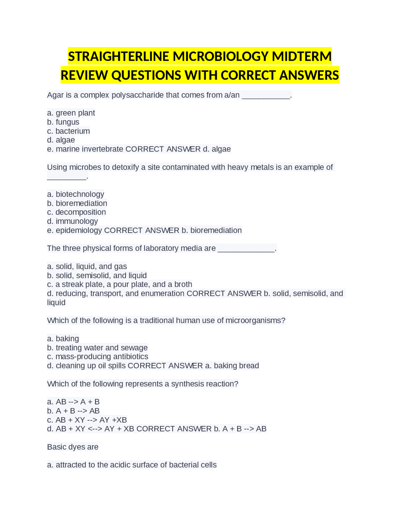 STRAIGHTERLINE MICROBIOLOGY MIDTERM REVIEW QUESTIONS WITH CORRECT ...