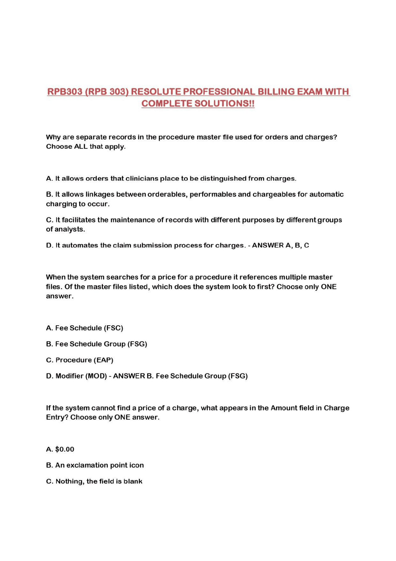 RPB303 (RPB 303) RESOLUTE PROFESSIONAL BILLING EXAM WITH COMPLETE ...