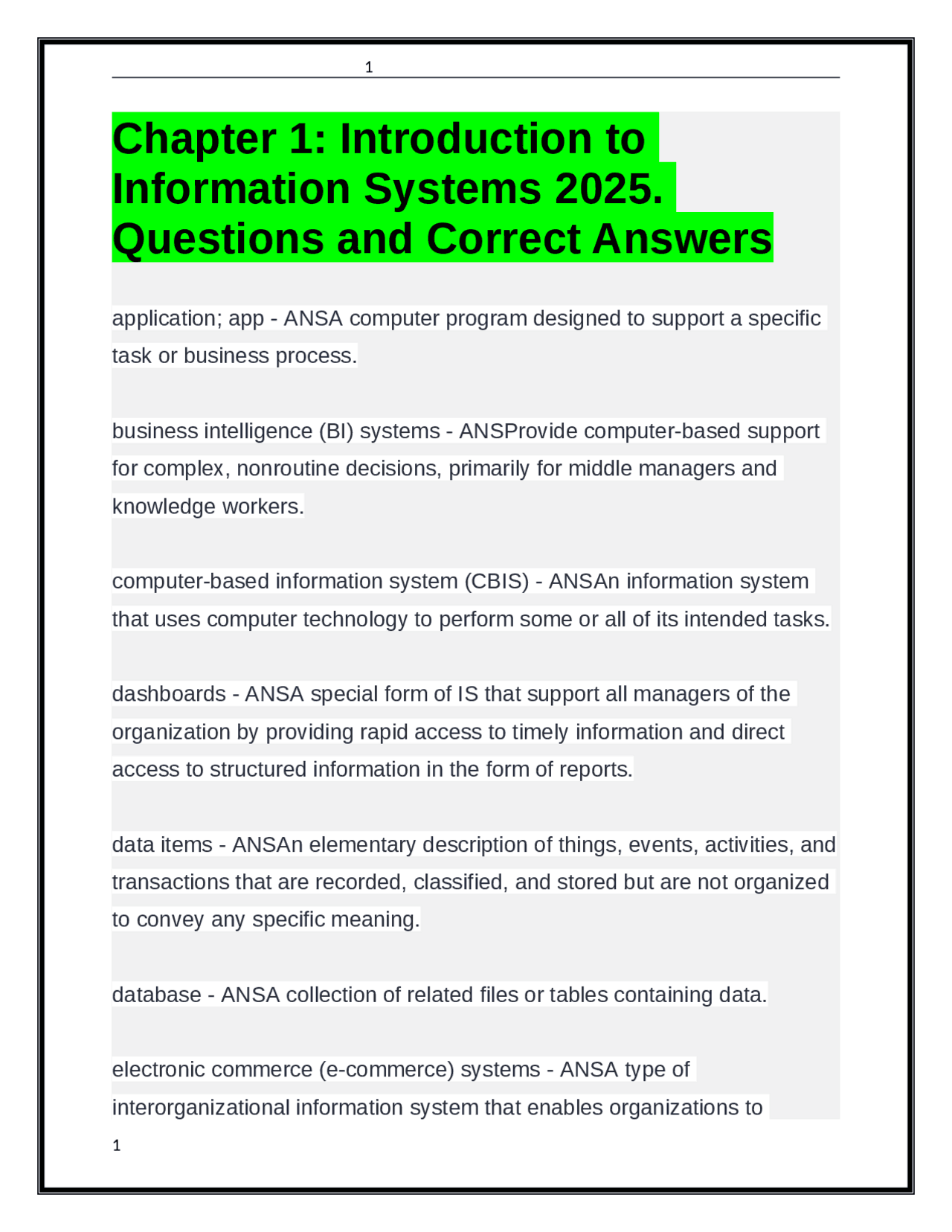 Chapter 1: Introduction to Information Systems 2025. Questions and ...