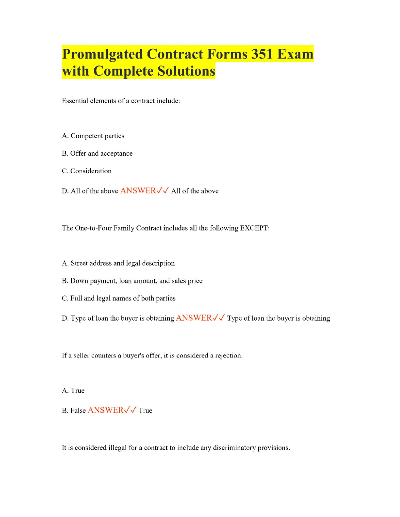 Promulgated Contract Forms 351 Exam with Complete Solutions | Exams Law ...