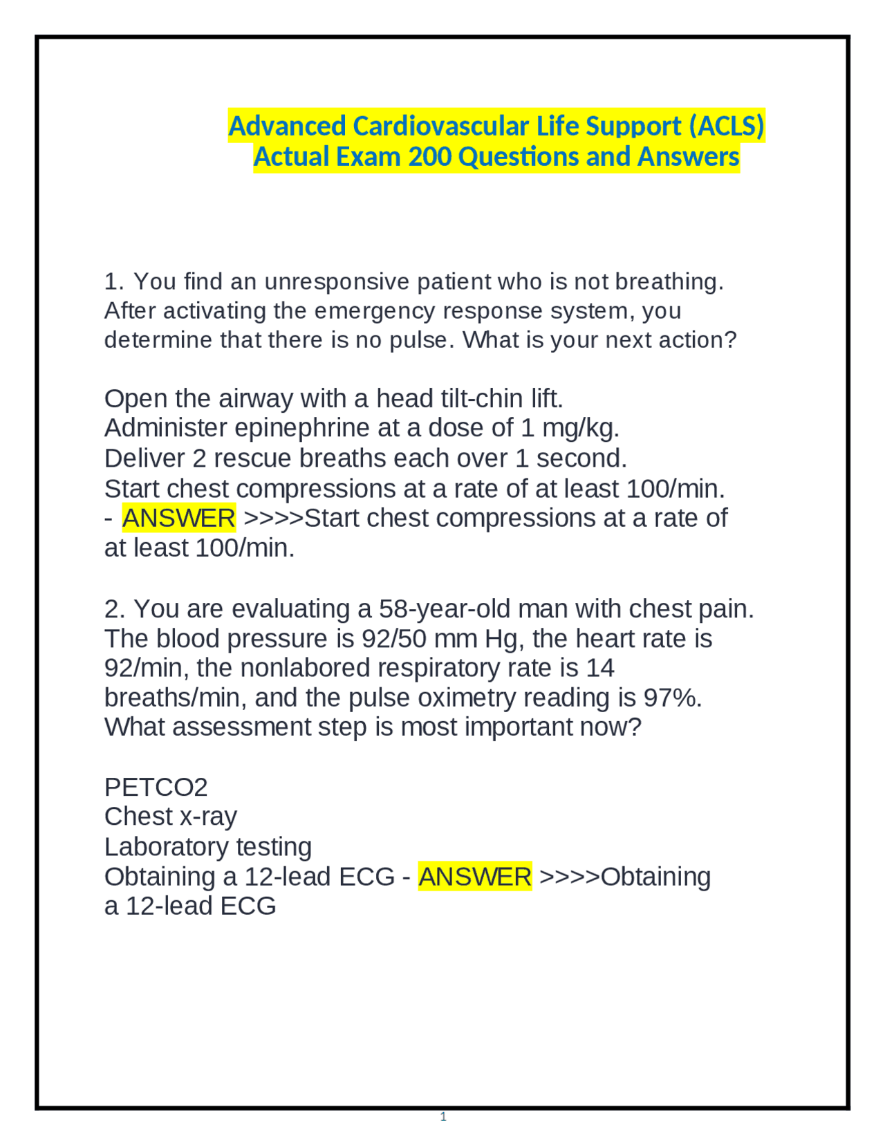 Advanced Cardiovascular Life Support (ACLS) Actual Exam 200 Questions ...