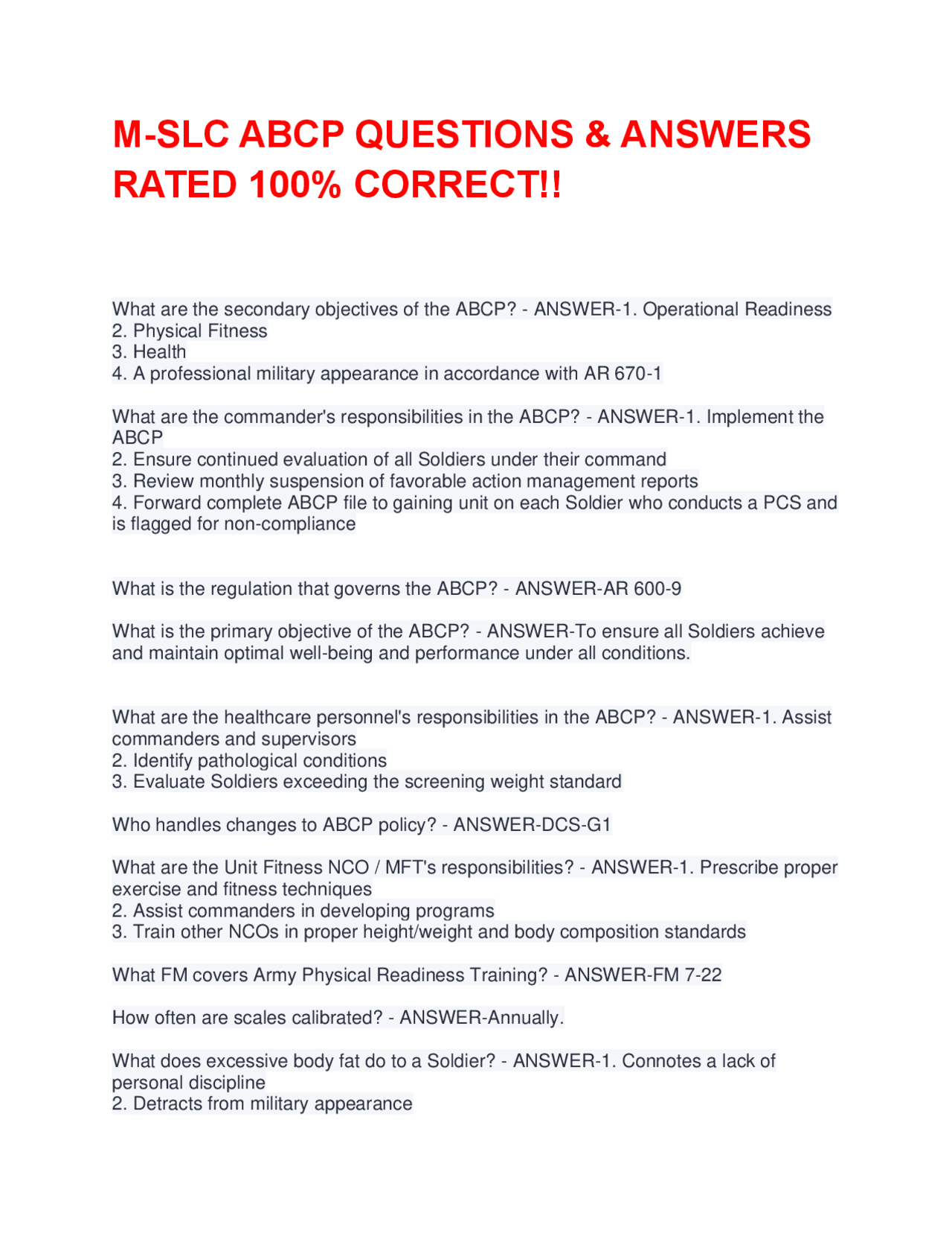 M-SLC ABCP QUESTIONS & ANSWERS RATED 100% CORRECT!! | Exams Advanced ...