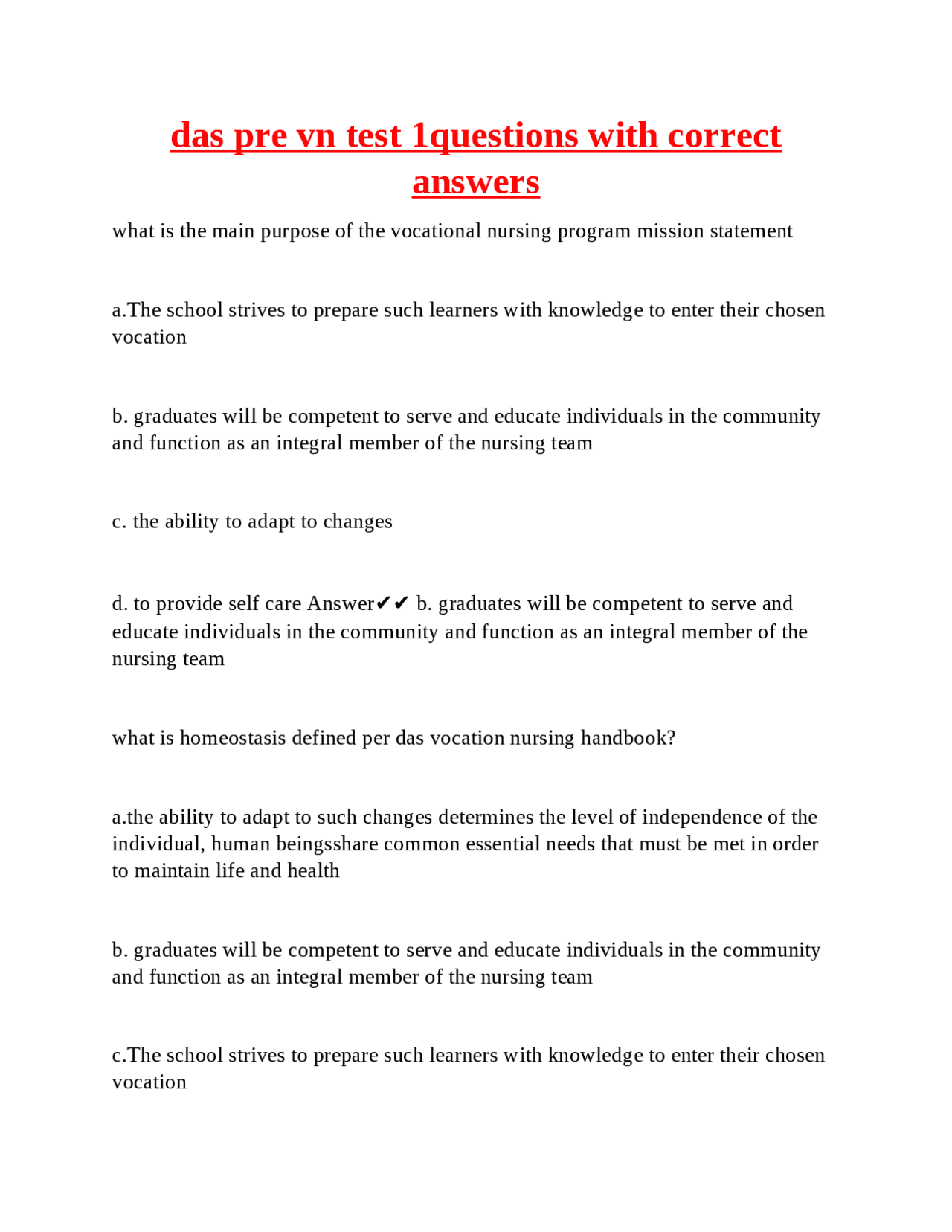 das pre vn test 1questions with correct answers | Exams Nursing | Docsity
