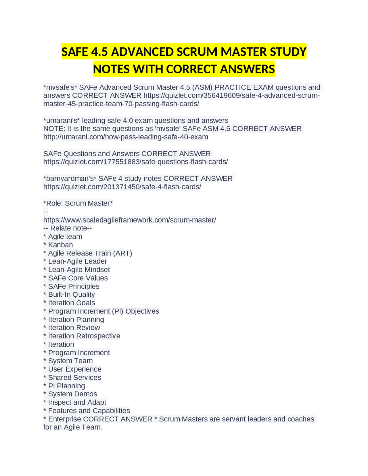 SAFE 4.5 ADVANCED SCRUM MASTER STUDY NOTES WITH CORRECT ANSWERS | Exams ...