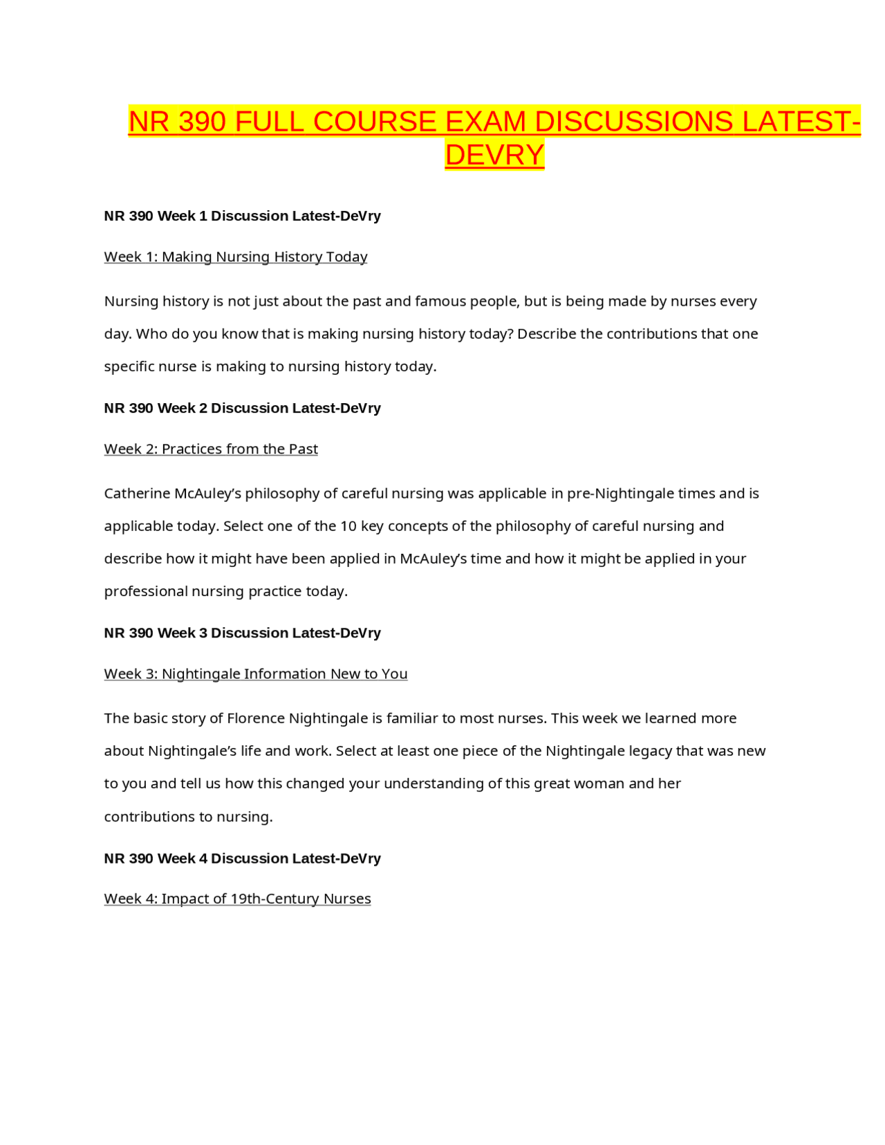 NR 390 FULL COURSE EXAM DISCUSSIONS LATEST-DEVRY | Exams Nursing | Docsity