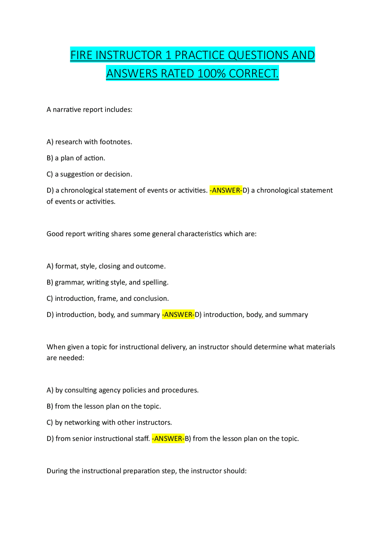 FIRE INSTRUCTOR 1 PRACTICE QUESTIONS AND ANSWERS RATED 100% CORRECT ...