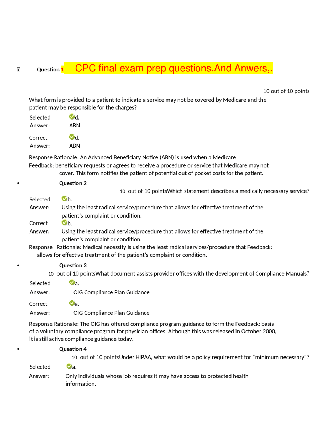 1 CPC final exam prep questions.And Anwers,. | Exams Health sciences | Docsity