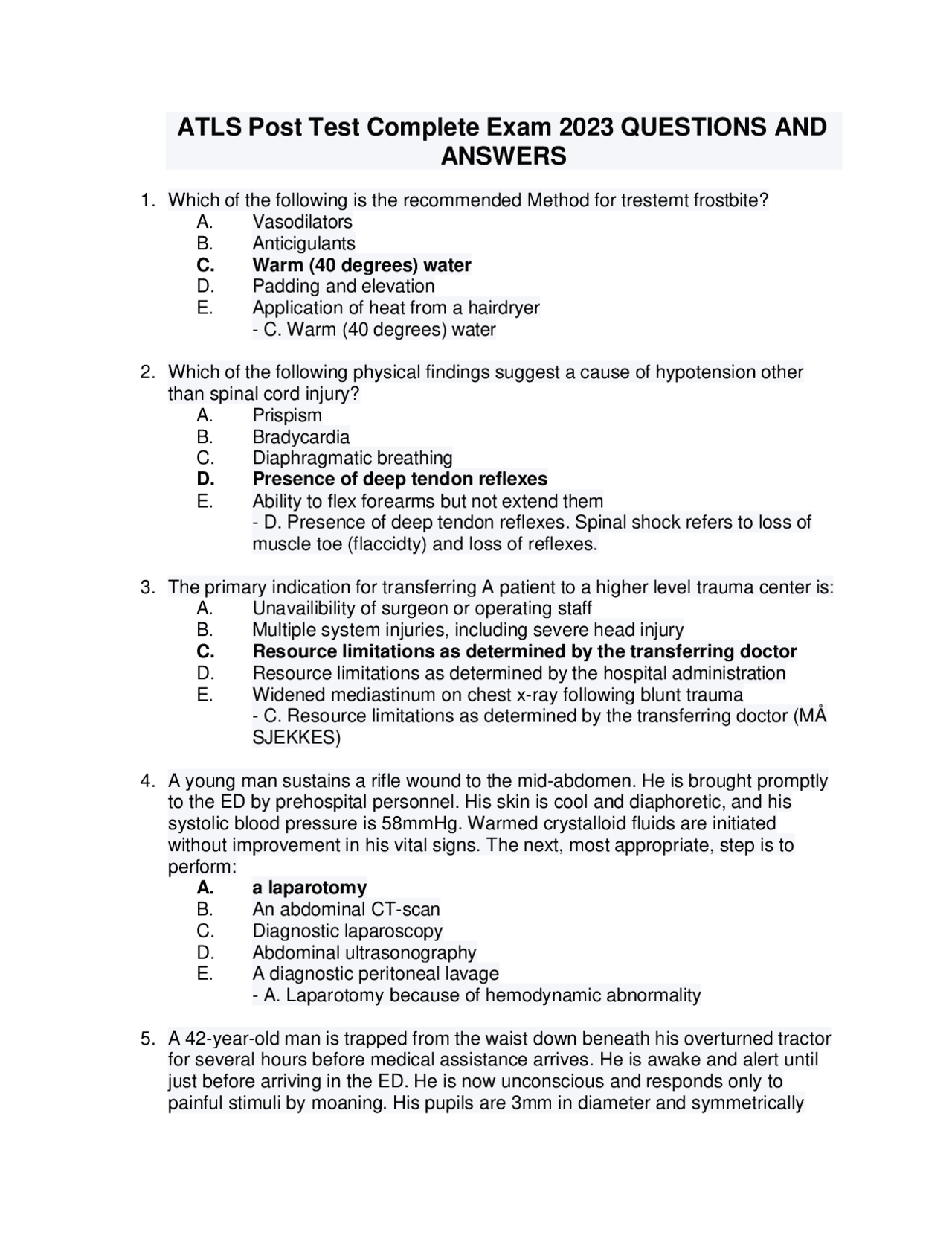 ATLS Post Test Complete Exam 2023 QUESTIONS AND ANSWERS UPDATED 2025 ...