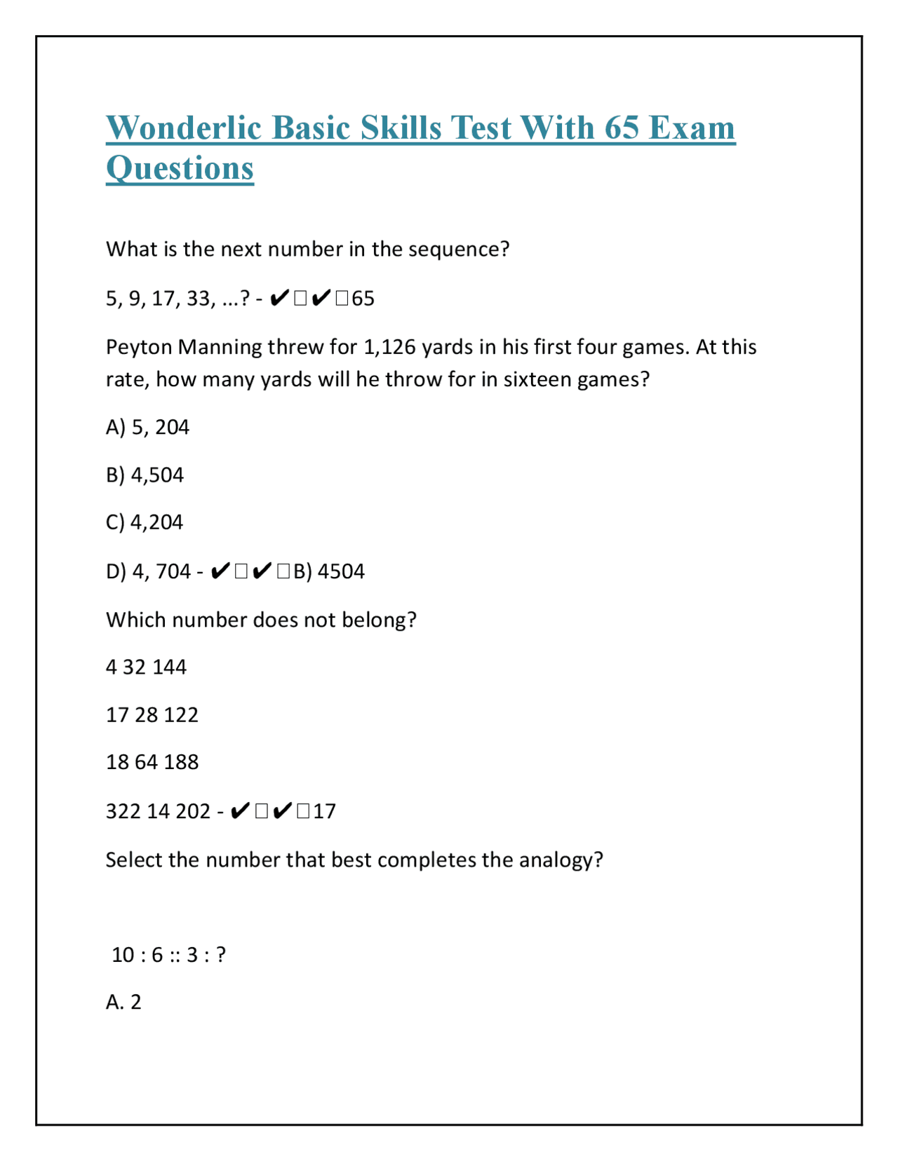 Wonderlic Basic Skills Test With 65 Exam Questions With High Expert ...