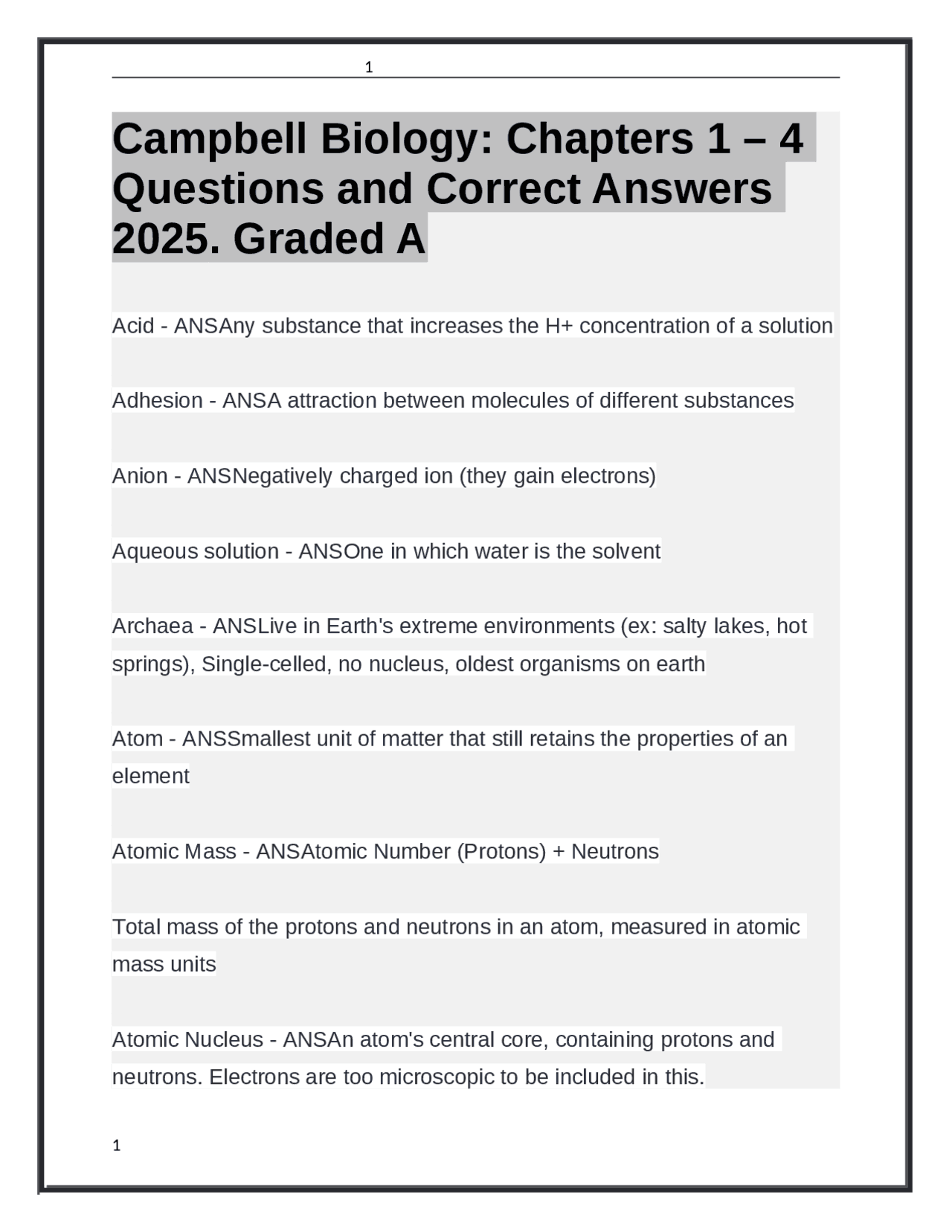 Campbell Biology: Chapters 1 – 4 Questions and Correct Answers 2025 ...