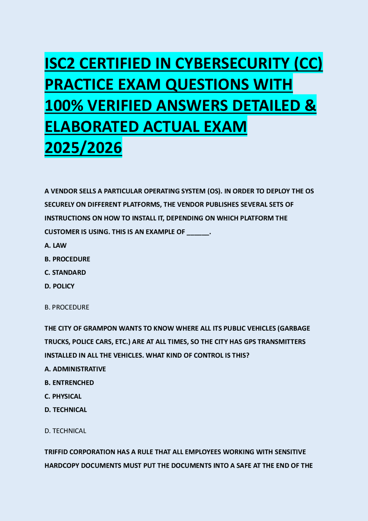 ISC2 CERTIFIED IN CYBERSECURITY (CC) PRACTICE EXAM QUESTIONS WITH 100% ...