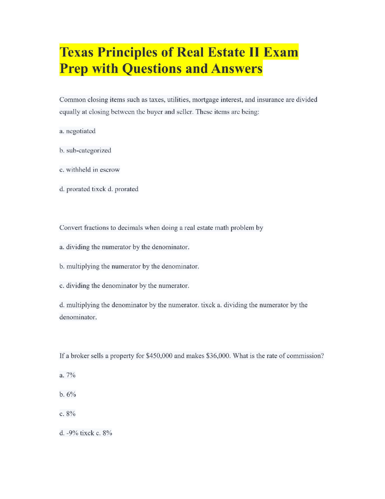 Texas Principles of Real Estate II Exam Prep with Questions and Answers ...