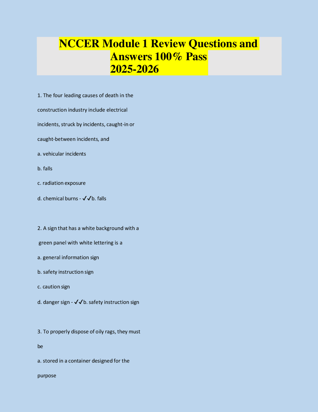 NCCER Module 1 Review Questions and Answers | Exams Construction | Docsity