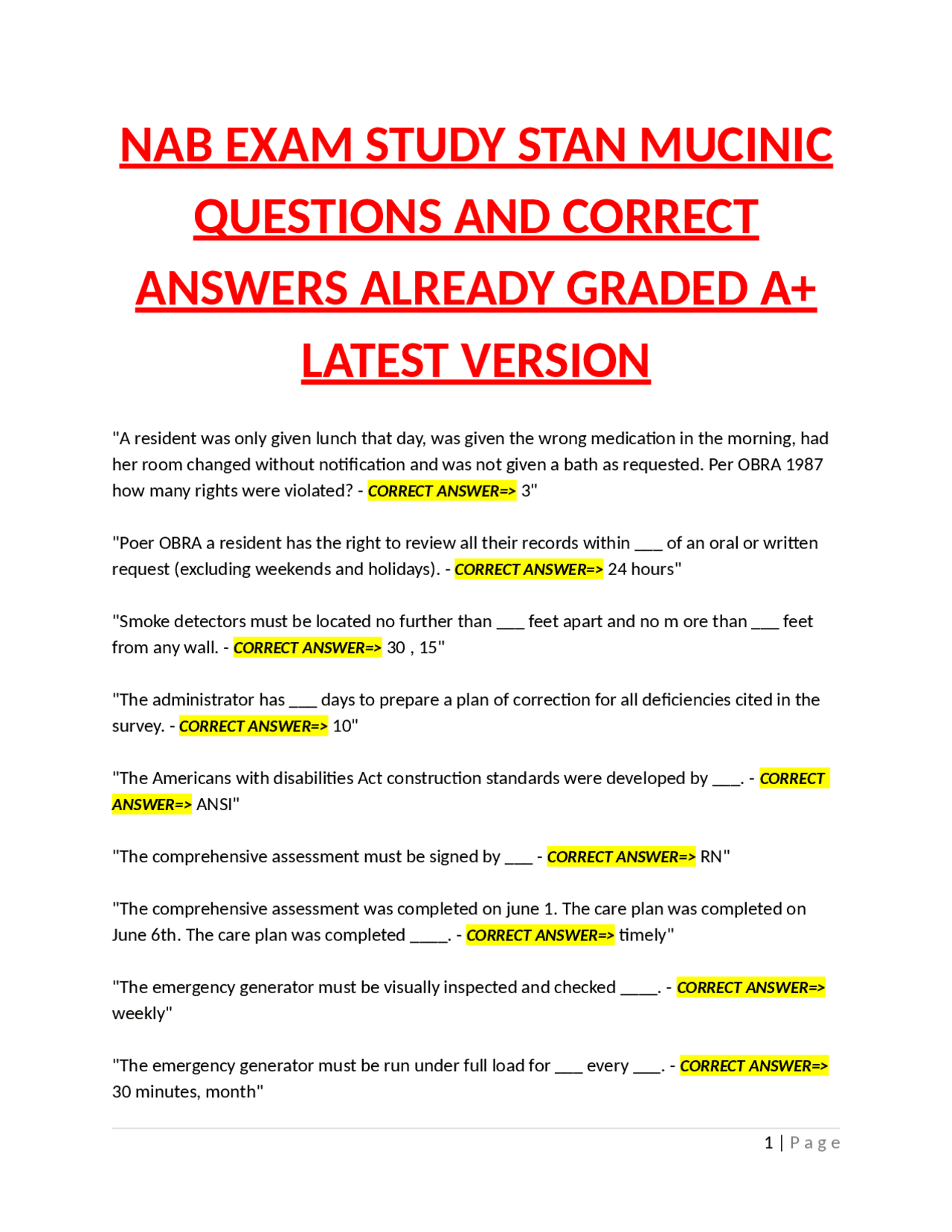 NAB EXAM STUDY STAN MUCINIC QUESTIONS AND CORRECT ANSWERS ALREADY ...